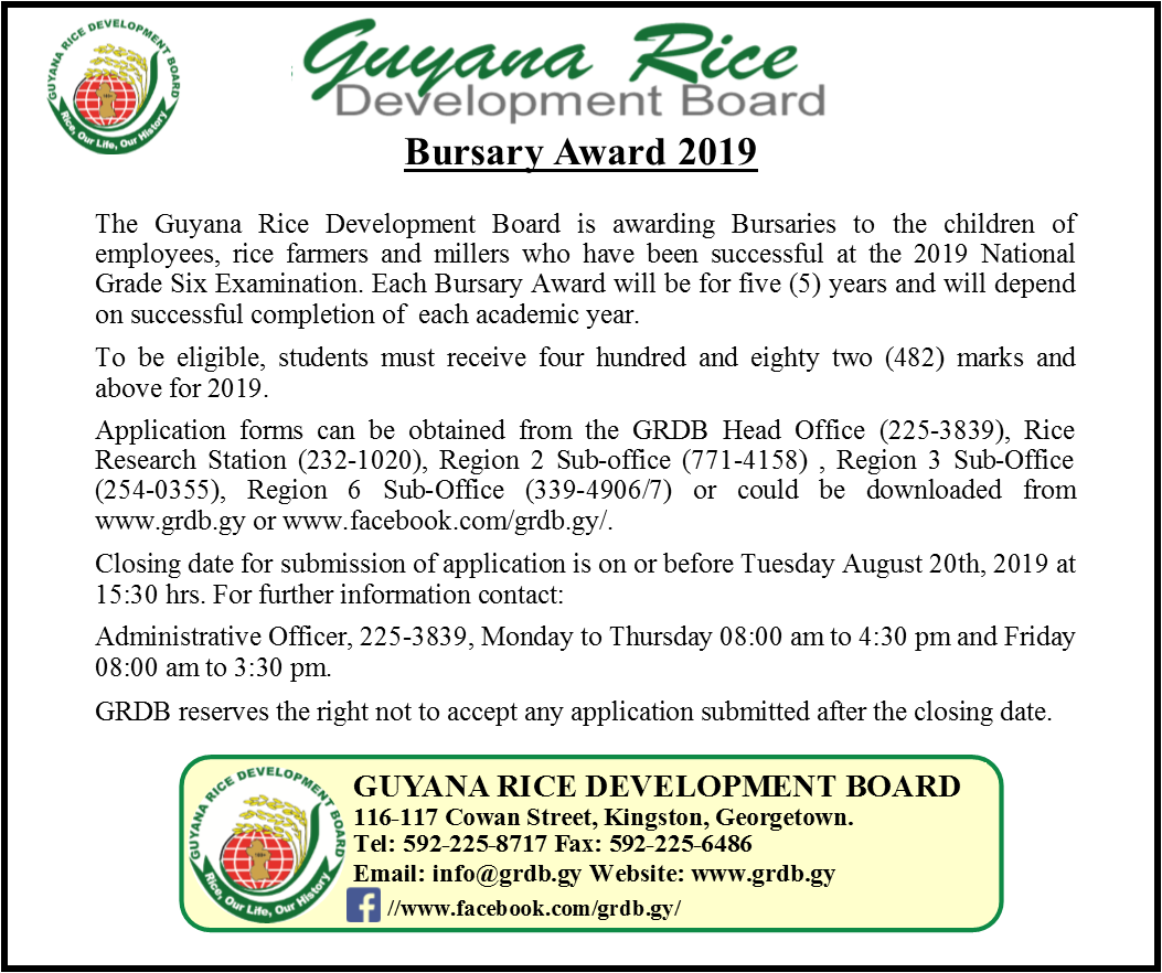 Bursary Advertisement 2019 – Guyana Rice Development Board