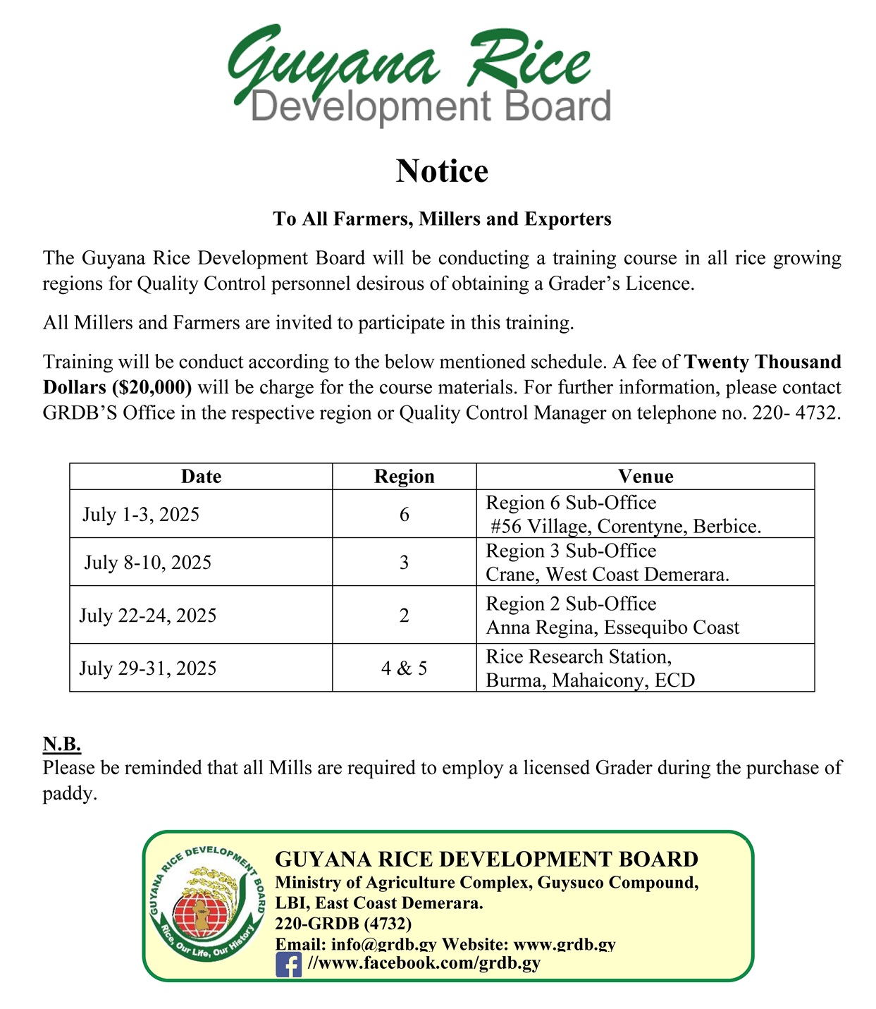 Notice: 2025 Training Course for Persons Desirous of Obtaining a Grader’s Licence – Guyana Rice ...